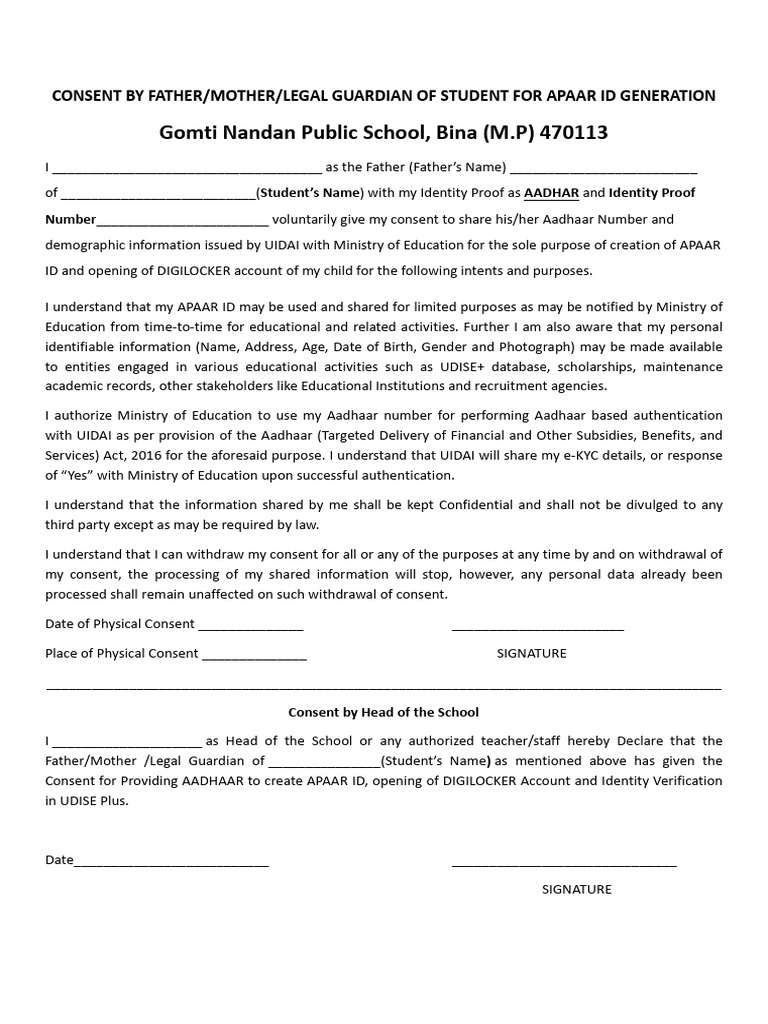 APAAR ID Consent Form for Students | PDF | Privacy | Justice