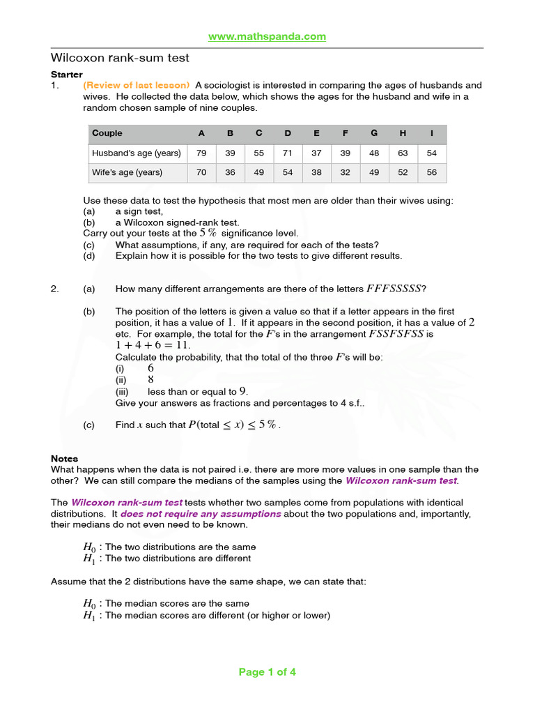 Wilcoxon Rank-Sum Test Guide | PDF | Mann–Whitney U Test | Statistical ...