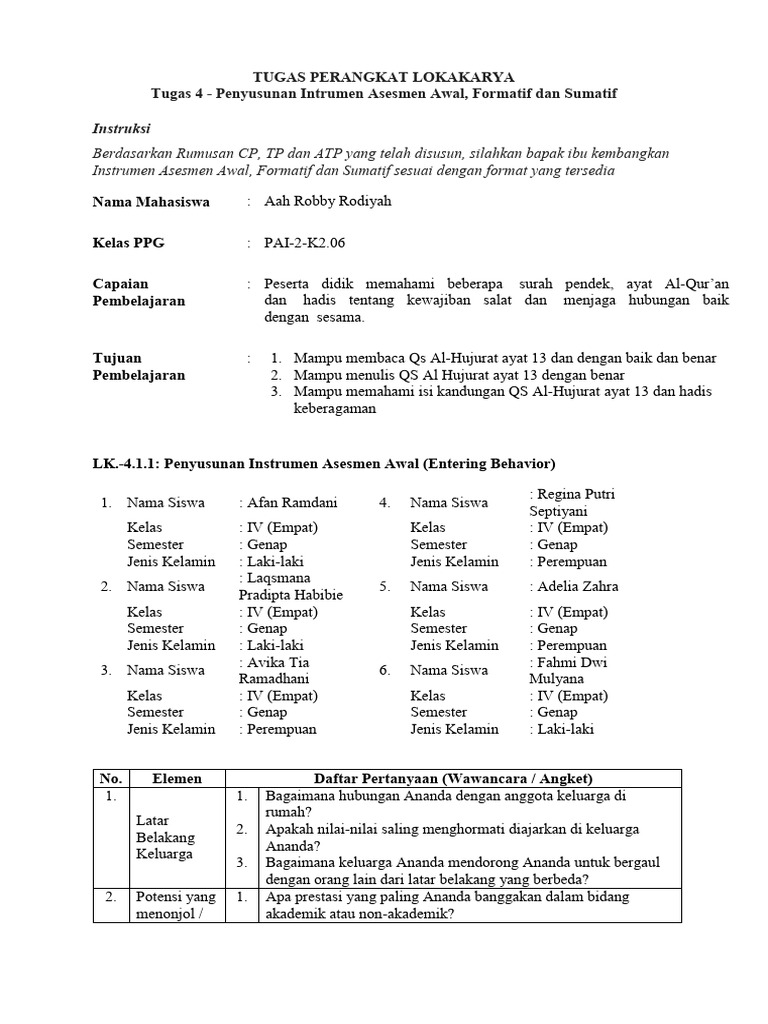 LK 4 Penyusunan Instrumen Awal, Formatif Dan Sumatif | PDF