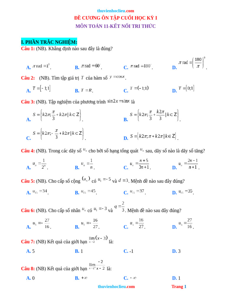 De-cuong-on-tap-HK1-Toan-11-KNTT | PDF