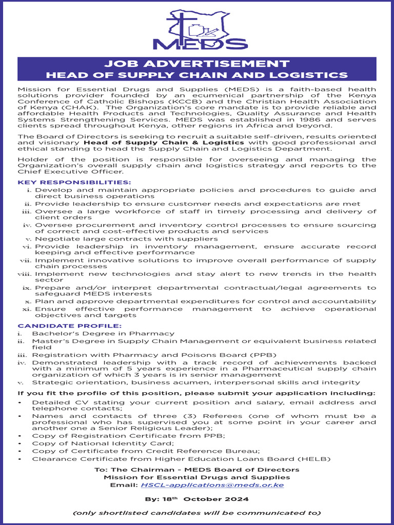 Job advertisement - Head of Supply Chain and Logistics | PDF ...