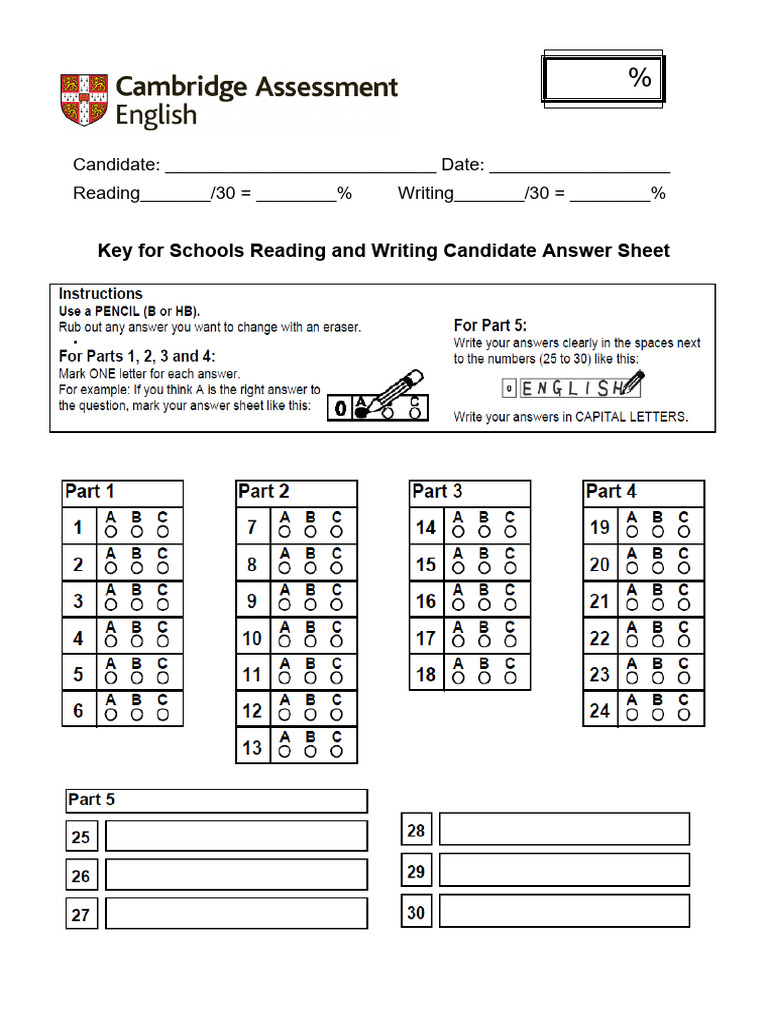 Answer Sheet for A2 Key | PDF