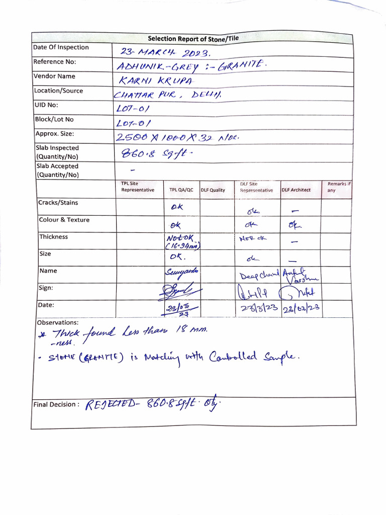 Stone/Tile Inspection Selection Report | PDF