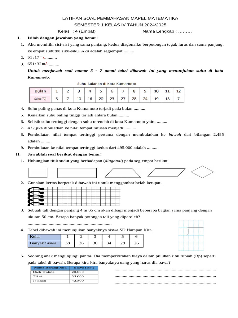 Sas Matematika Kelas 4 Ta 2024-2025 | PDF