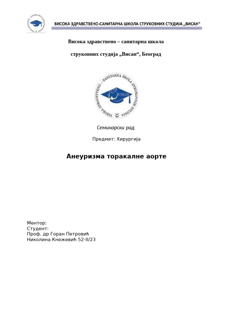 Aneurizma torakalne aorte, Nikolina Knezevic | PDF