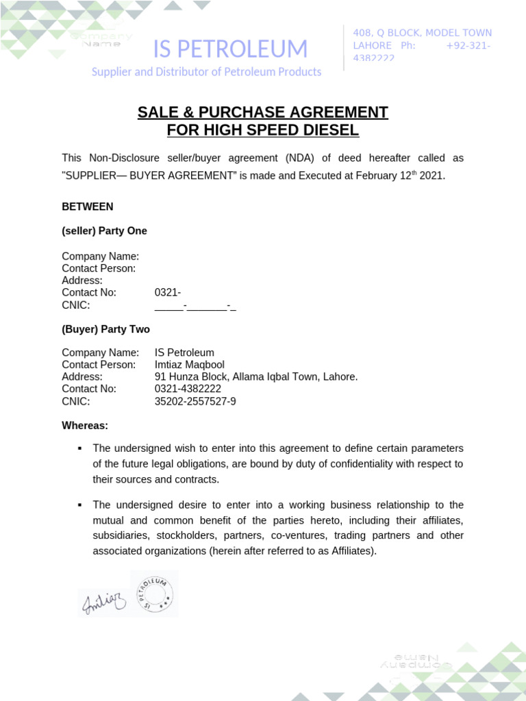 High-Speed Diesel Supply Agreement | PDF | Non Disclosure Agreement ...