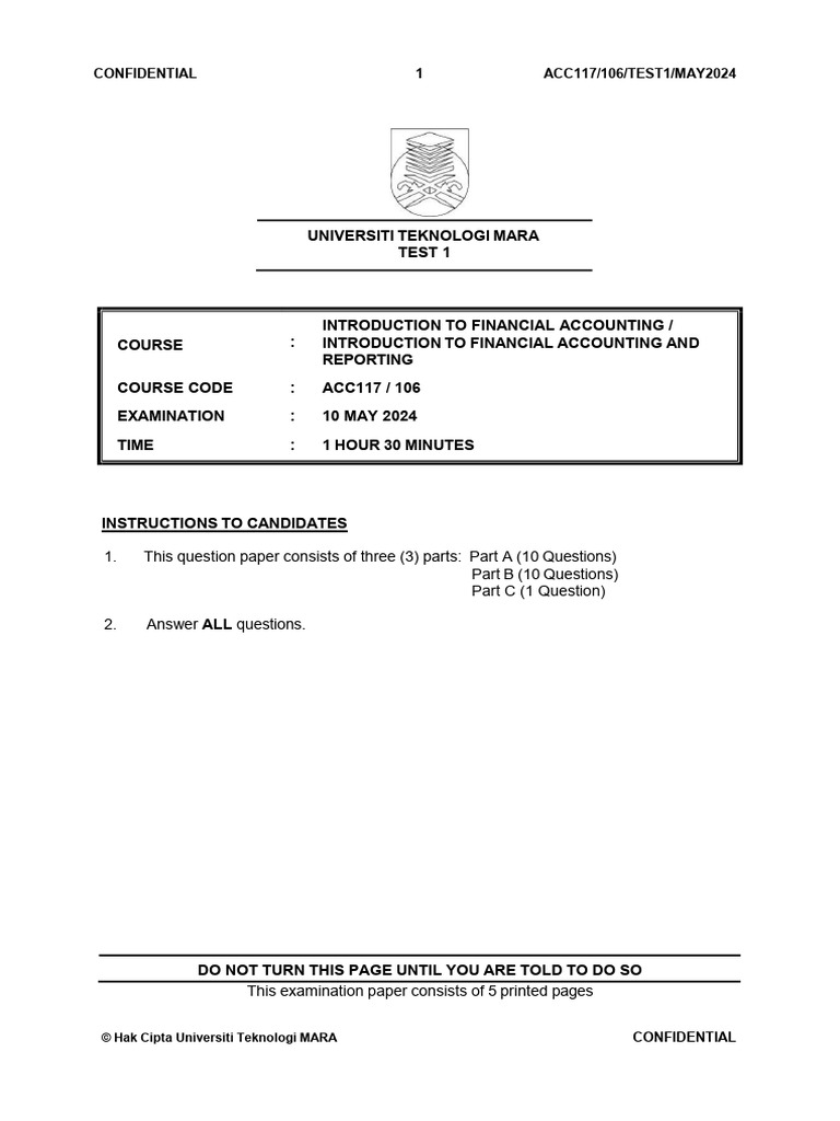 ACC117 Test 1: Accounting Fundamentals | PDF | Debits And Credits ...