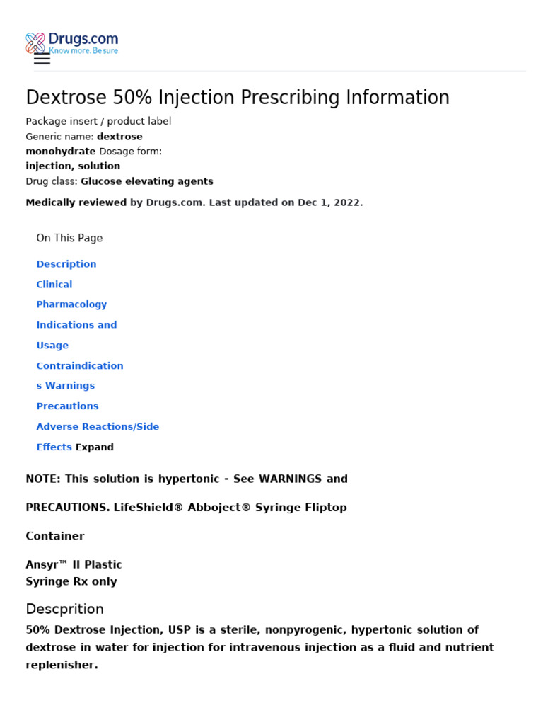 Dextrose 50% Injection - Package Insert - Prescribing Information ...