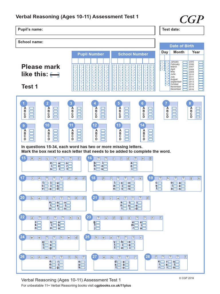 11+ Verbal Reasoning Test Ages 10-11 | PDF
