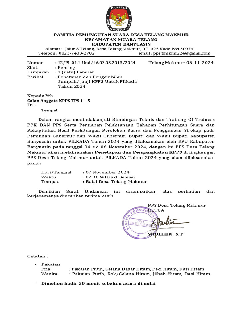 Undangan Pelantikan KPPS DS TL Makmur | PDF