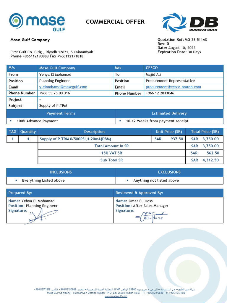 Mase Gulf Offer - CESCO - Supply of P.TRM | PDF