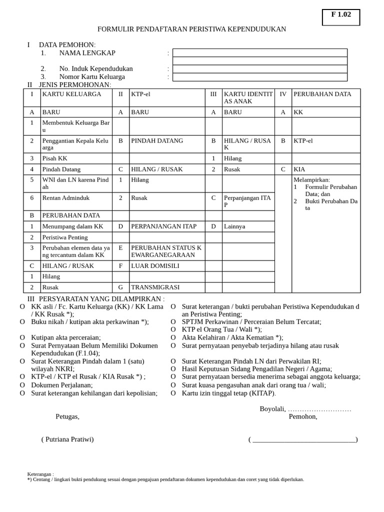 3750-f 1 02 (Formulir Peristiwa Kependudukan) Fix | PDF
