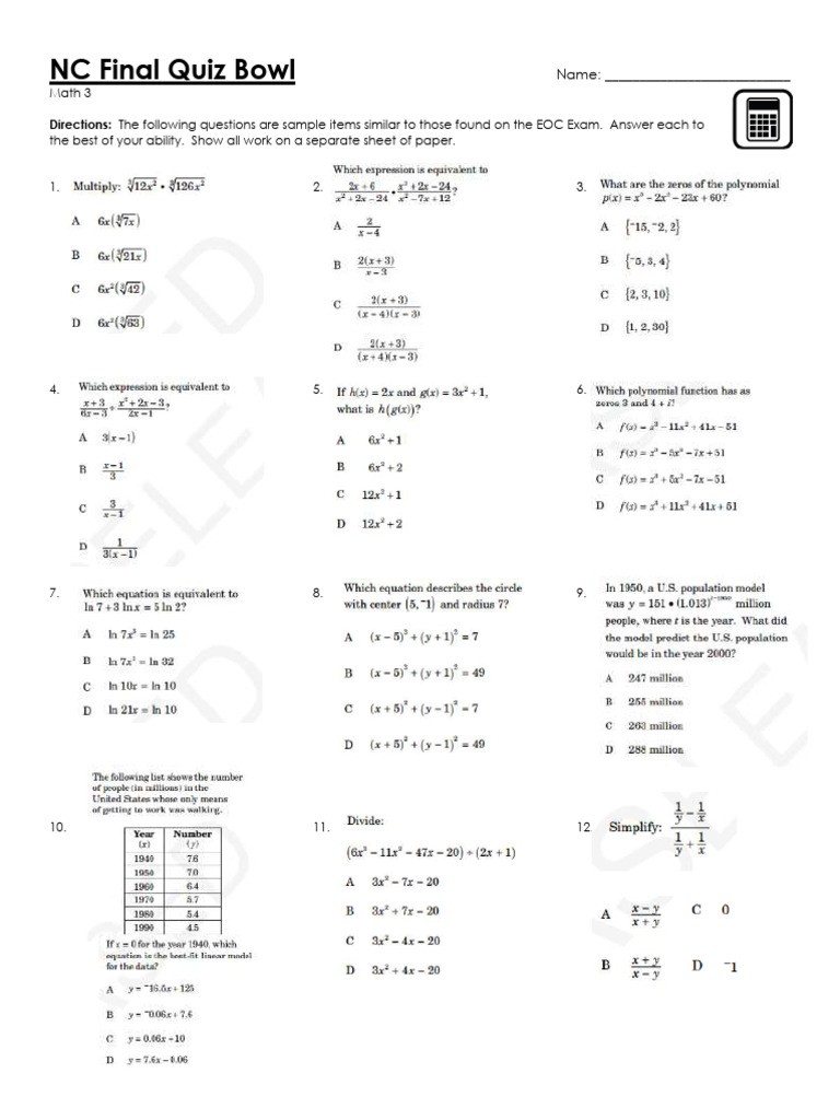 NC Math 3 Final Quiz Bowl Review | PDF