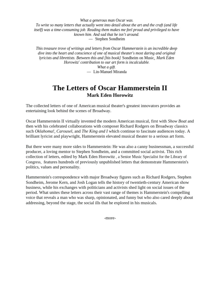 Mark Eden Horowitz Letters of Oscar Hammerstein | PDF | Broadway ...