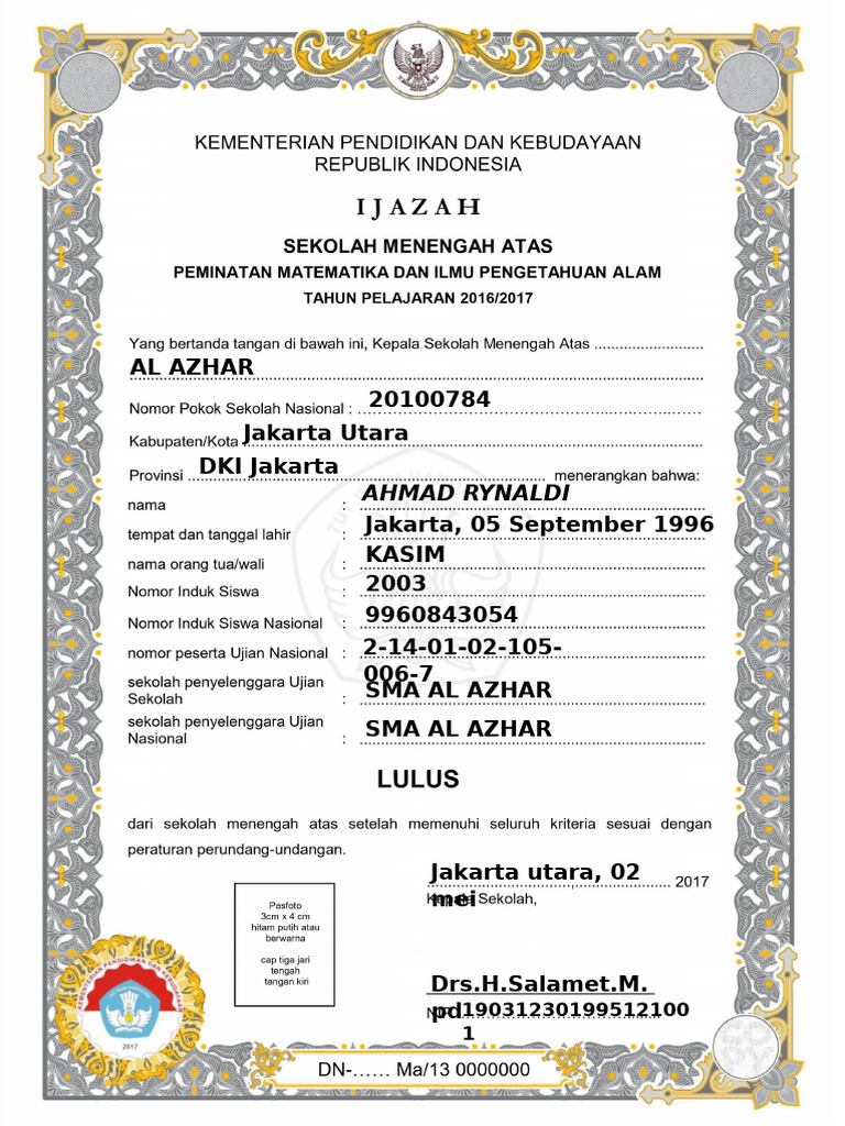 Ijazah Sma Ipa 2017 | PDF