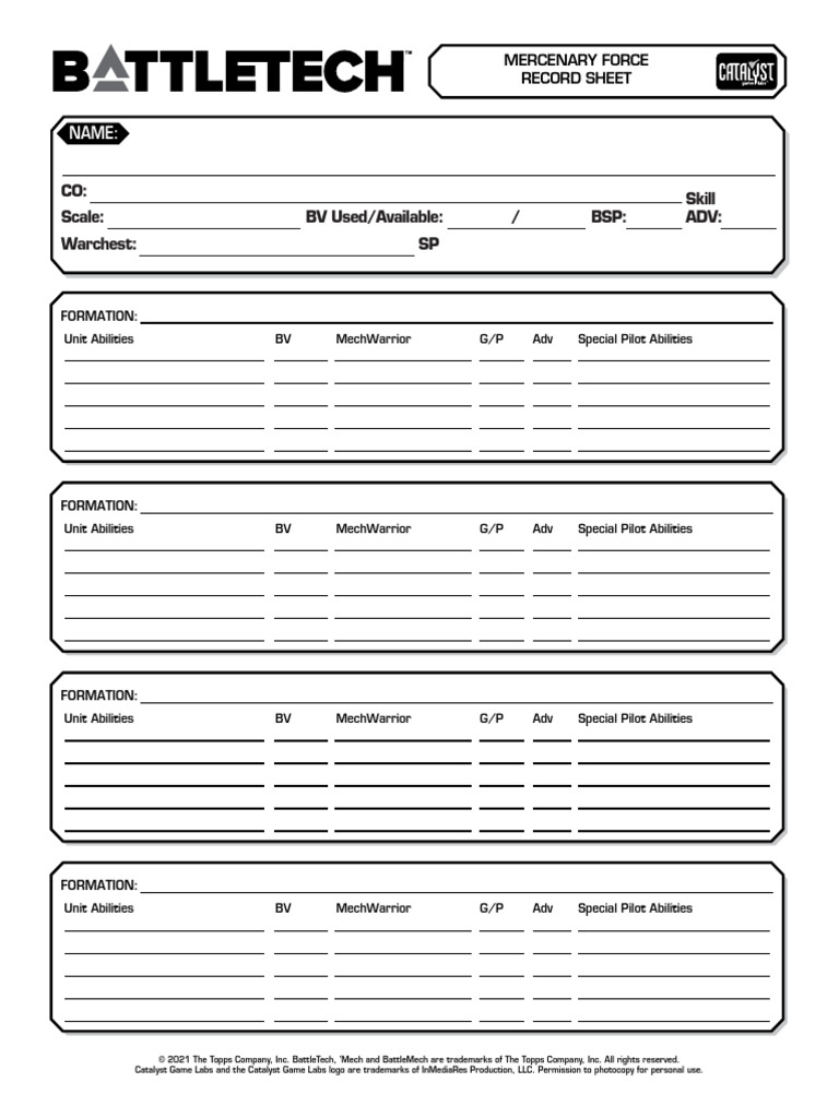 Mercenary Force Record Sheet | PDF