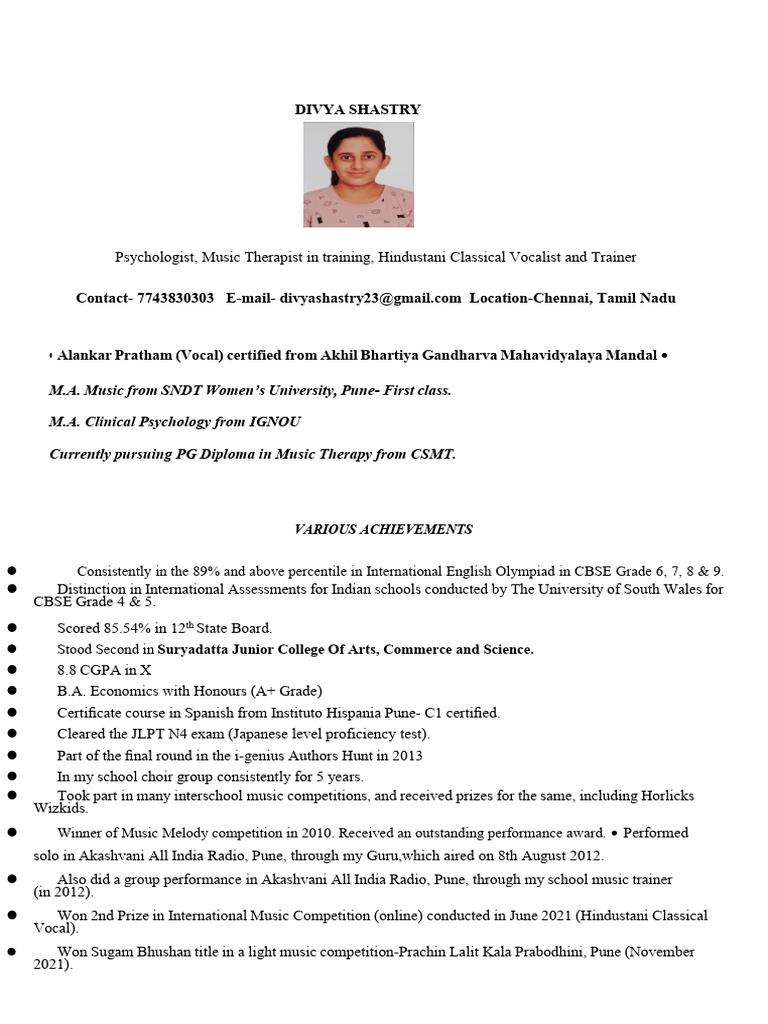 Divya Shastry Hindustani Vocal Trainer Resume (1) (1) | PDF