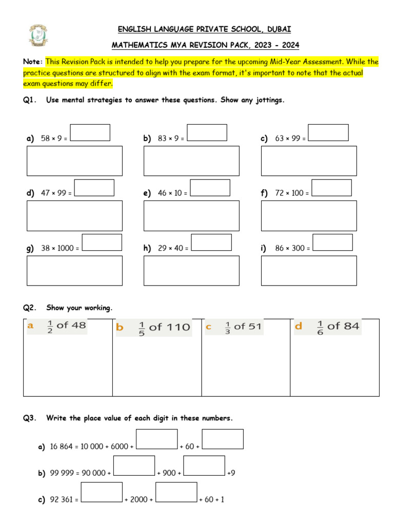 Math MYA Revision Pack Yr 5 | PDF | Mathematical Notation | Elementary Mathematics