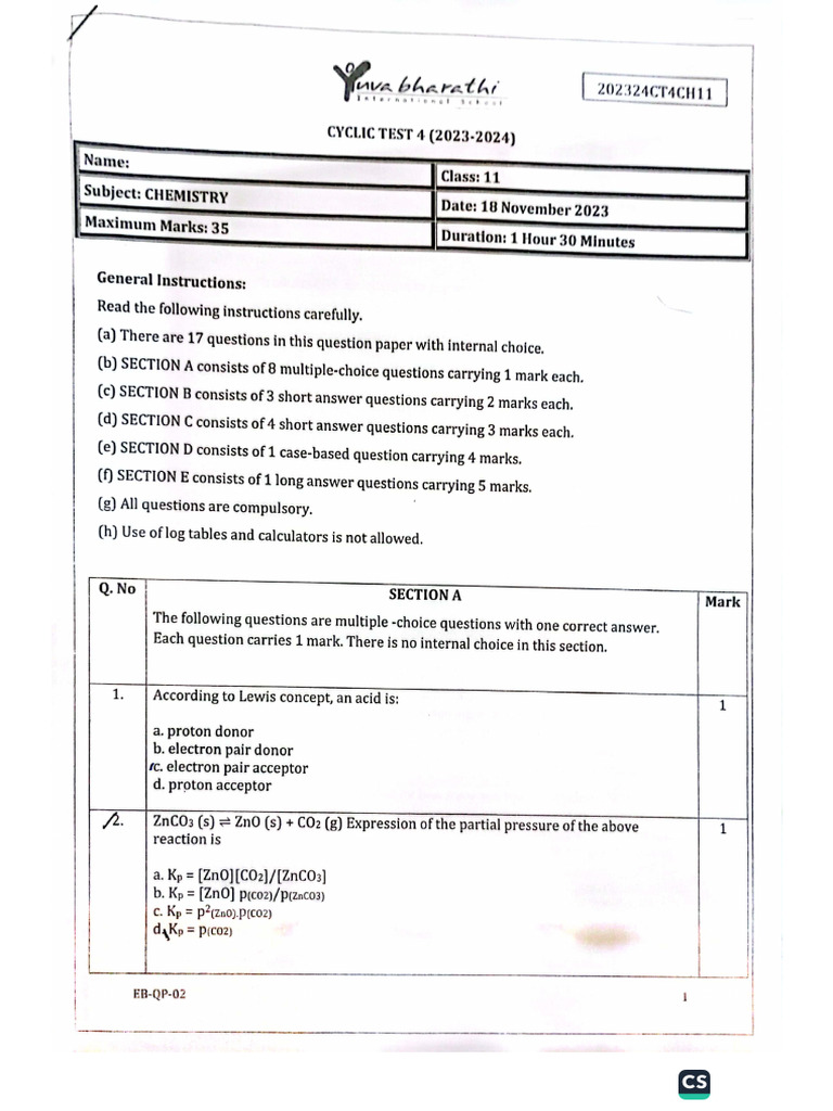 Chemistry Class 11 Sample Paper | PDF