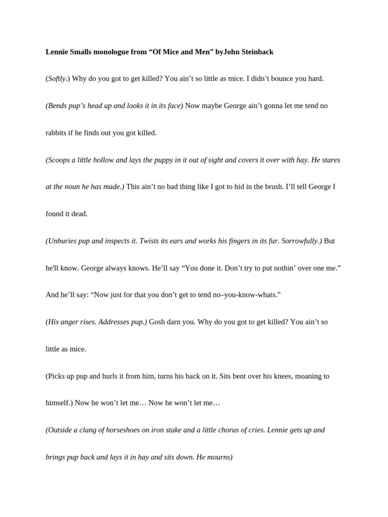 Lennie Smalls Monologue From "Of Mice and Men" Byjohn Steinback | PDF