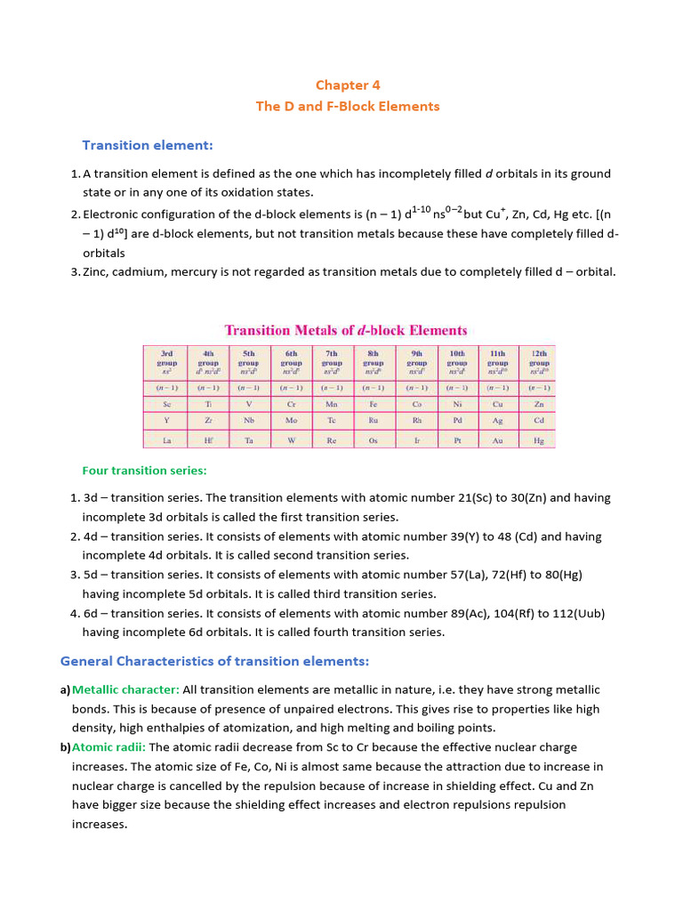 The D and F Block Elements-Notes | PDF | Transition Metals | Atomic