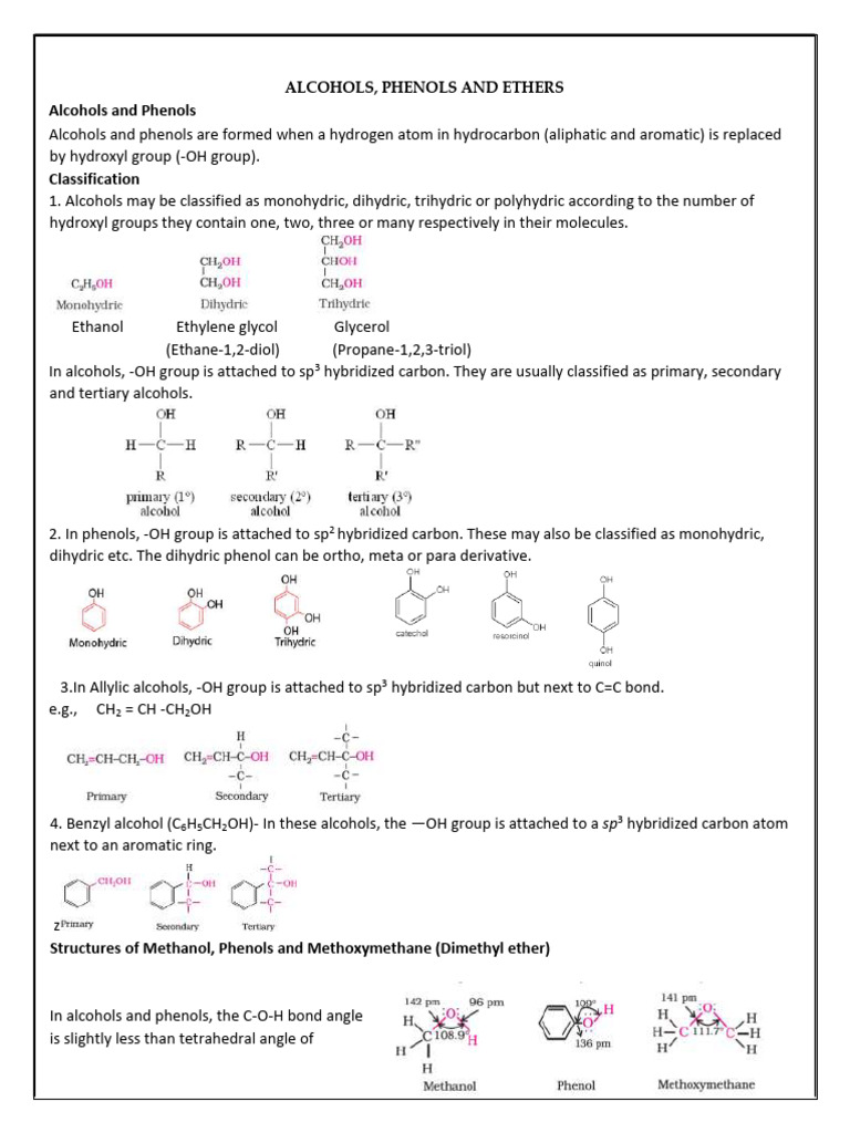 Alcohols, Phenols and Ethers - Notes | PDF | Ether | Chemical Reactions