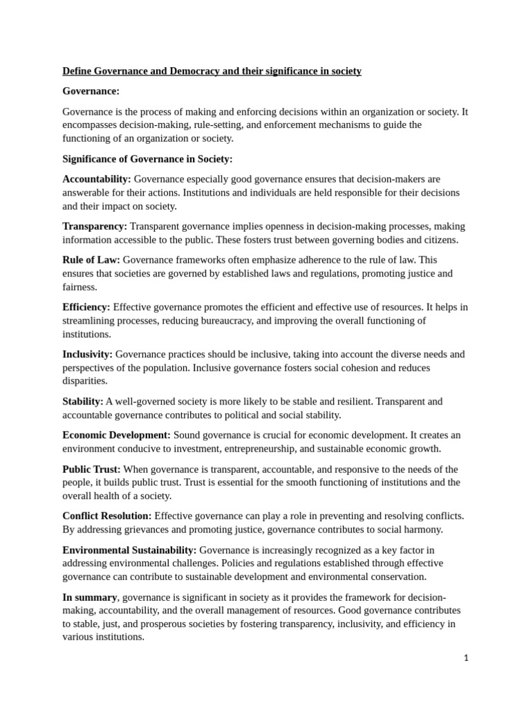 Define Governance and Democracy and Their Significance in Society | PDF ...