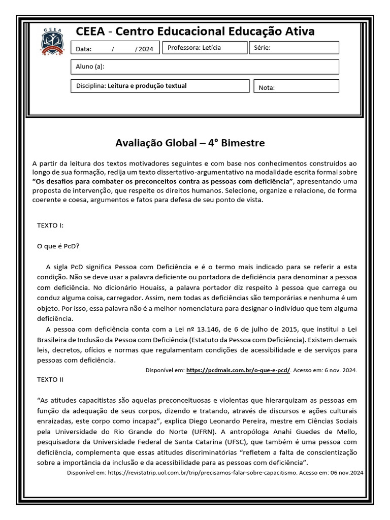 Poposta de redação 9° ano_global | PDF | Deficiência