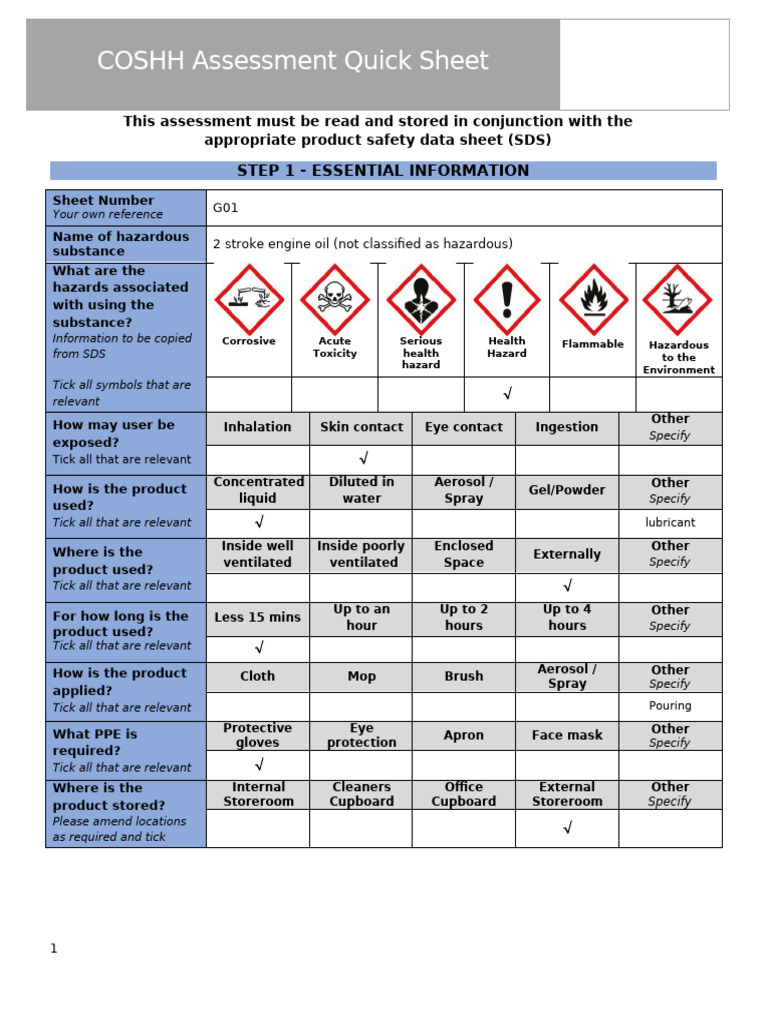 COSHH Quick Sheet - No G02 - 2 Stroke Engine Oil | PDF | Hazards ...
