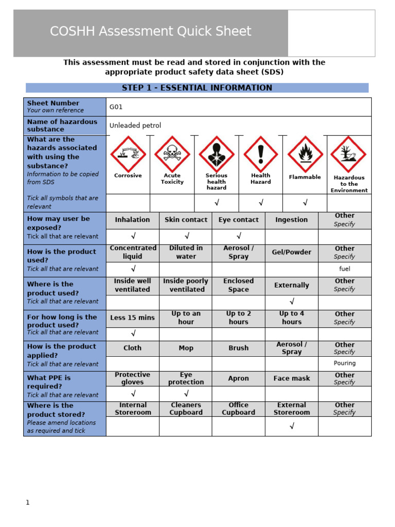 COSHH Assessment for Unleaded Petrol | PDF | Gasoline | Water