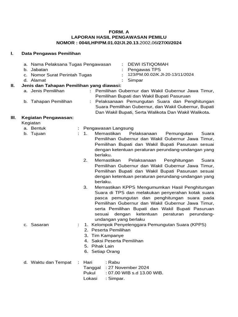Draft Form A Ptps Pemungutan Dan Penghitungan Suara 18112024 | PDF