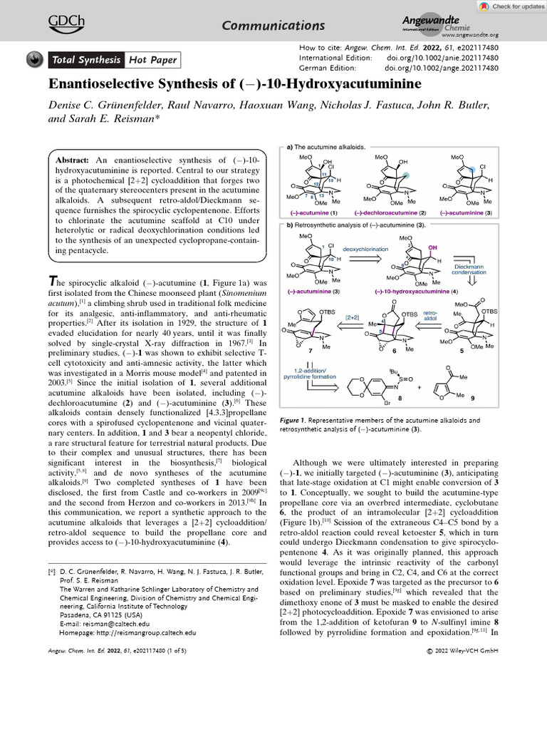 Angew Chem Int Ed 2022 Grünenfelder Enantioselective Synthesis of 10Hydroxyacutuminine | PDF ...