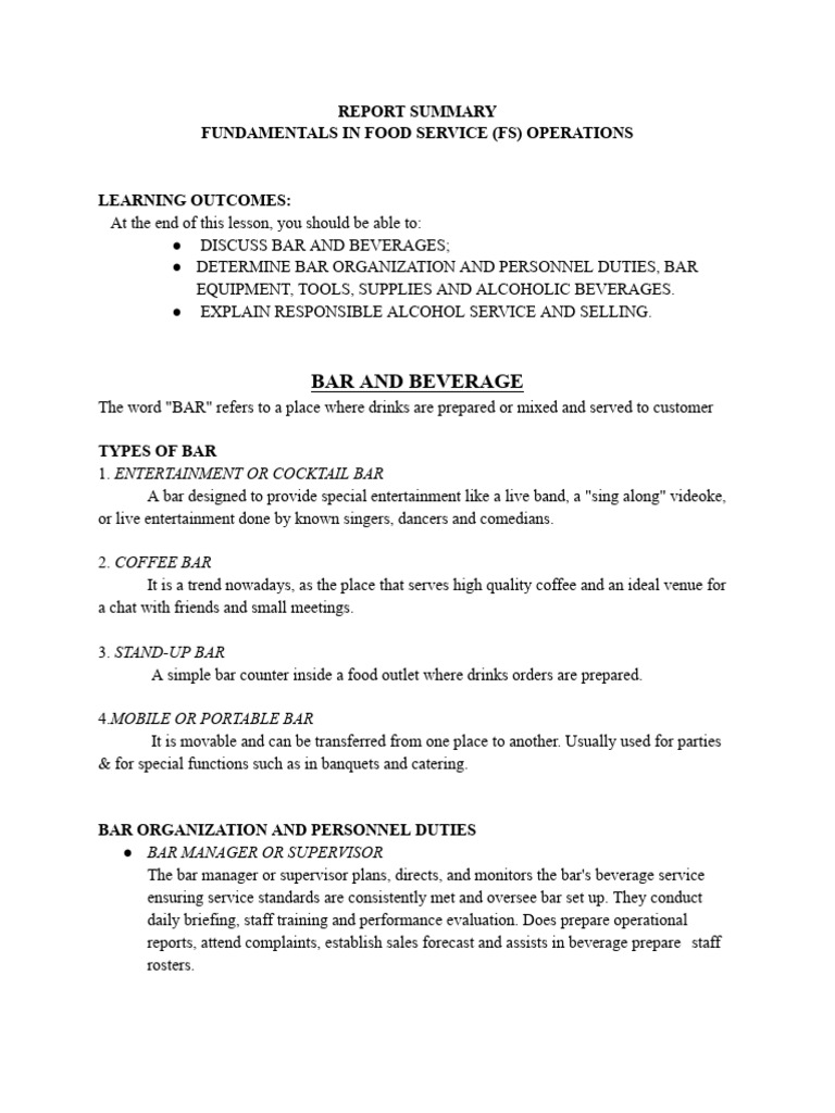 Fundamentals in Food Service (FS) Operations | PDF | Drink | Alcoholic ...