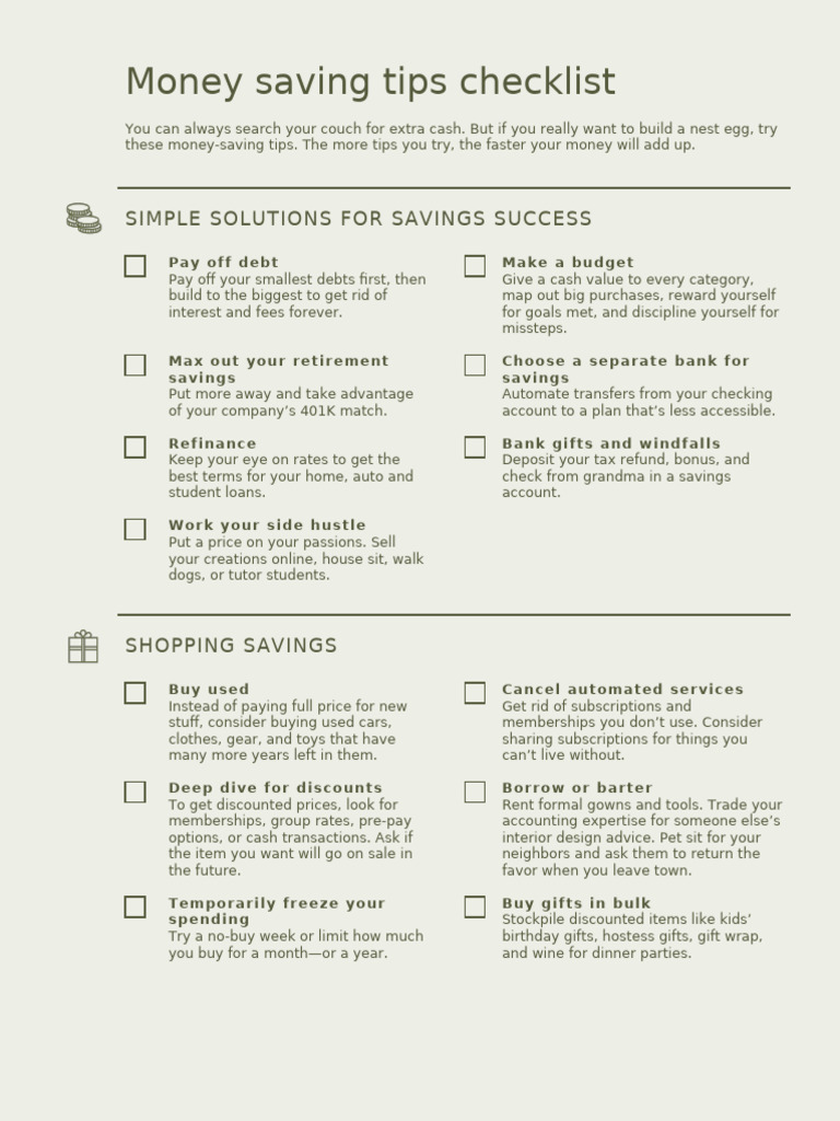 Money Saving Tips Checklist | PDF | Refinancing | Economies