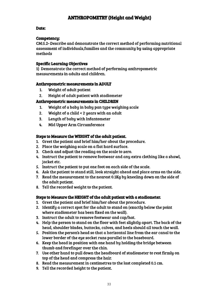 Weight, Height, Length, MUAC and Growth Chart Checklist | PDF