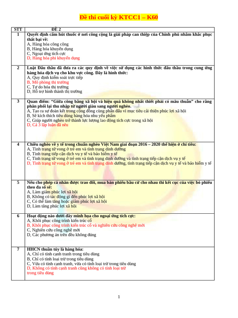 Đề thi cuối kỳ KTCC1 - K60 (trắc nghiệm) số 2 | PDF