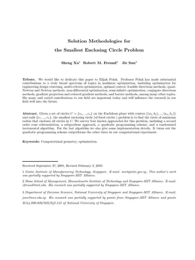 Solution Methodologies for Smallest Enclosing Circle Problem | PDF | Mathematical Optimization ...