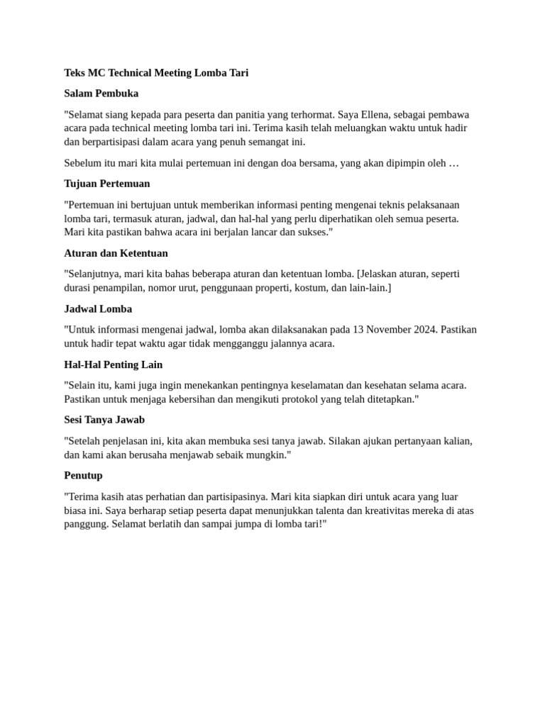 Teks MC Technical Meeting Lomba Tari | PDF