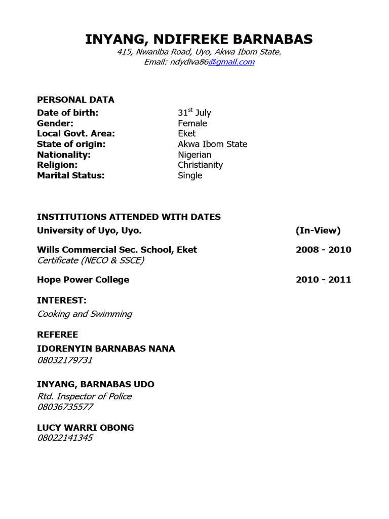 Ndifreke Inyang's Personal Profile | PDF