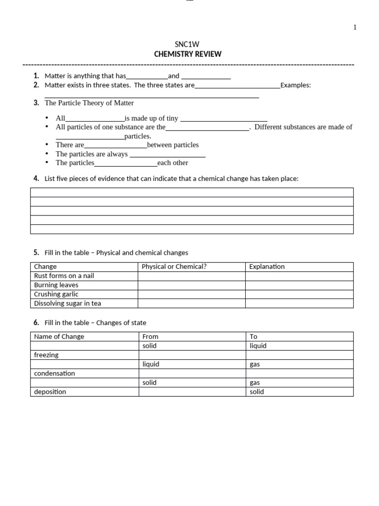 SNC1W Chemistry REVIEW (2024) | PDF | Atoms | Chemical Substances