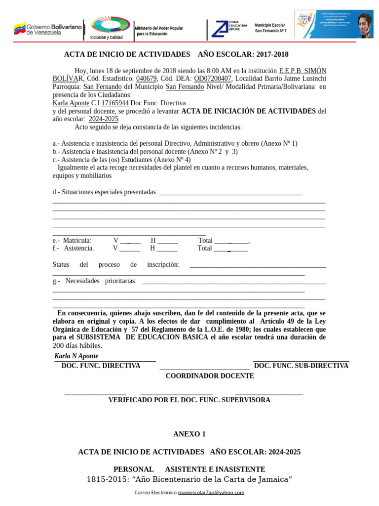 Acta de Inicio Año Escolar 2024-2025 | PDF | Venezuela