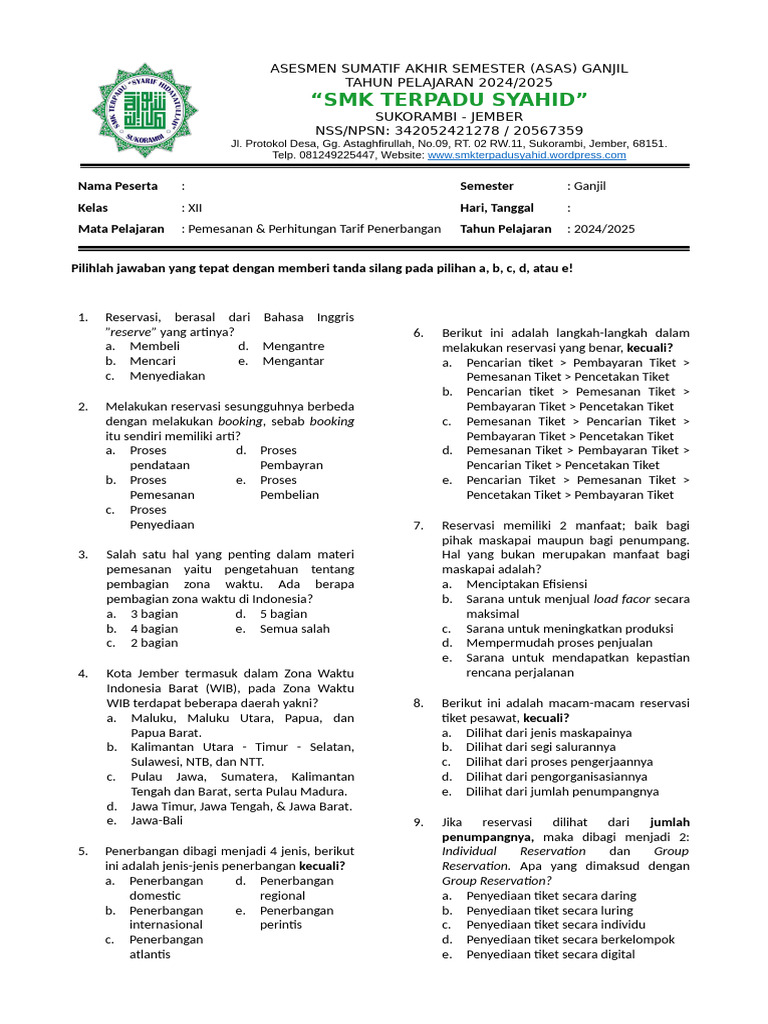 Format Lembar Soal ASAS - SMK Terpadu Syahid | PDF