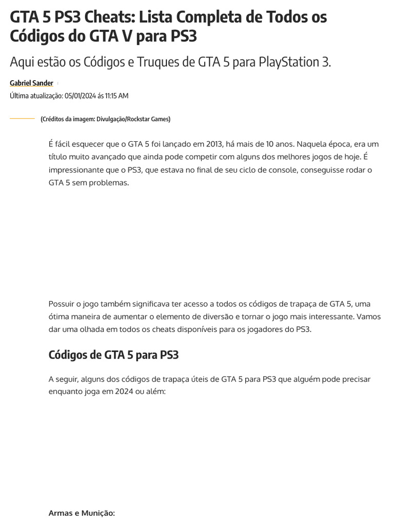 Aqui Estão Os Códigos E Truques de Gta 5 para Playstation 3 | PDF | Playstation 3