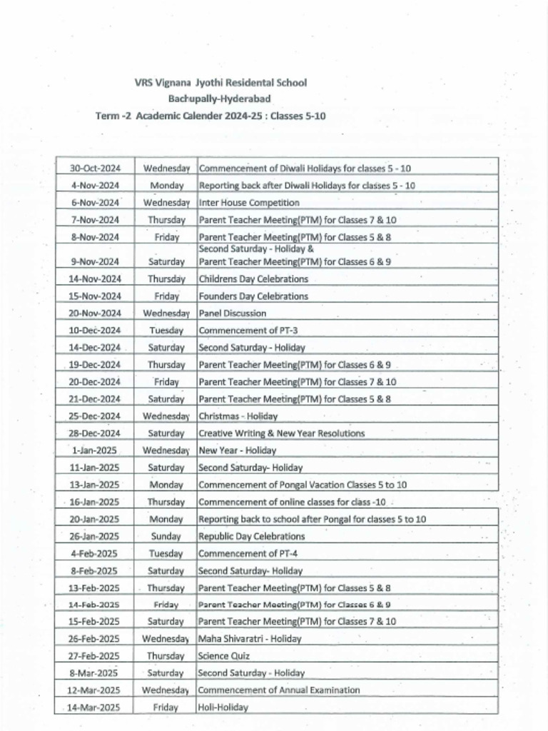 Class 5-10 Term - 2 Academic Calender | PDF