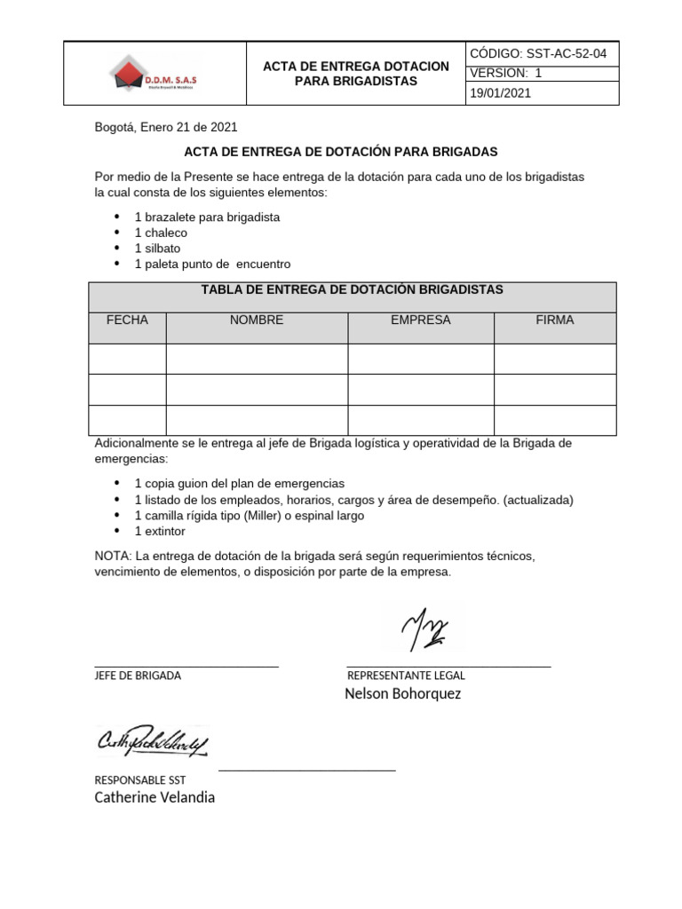 Acta de Entrega Dotacion Brigadistas | PDF