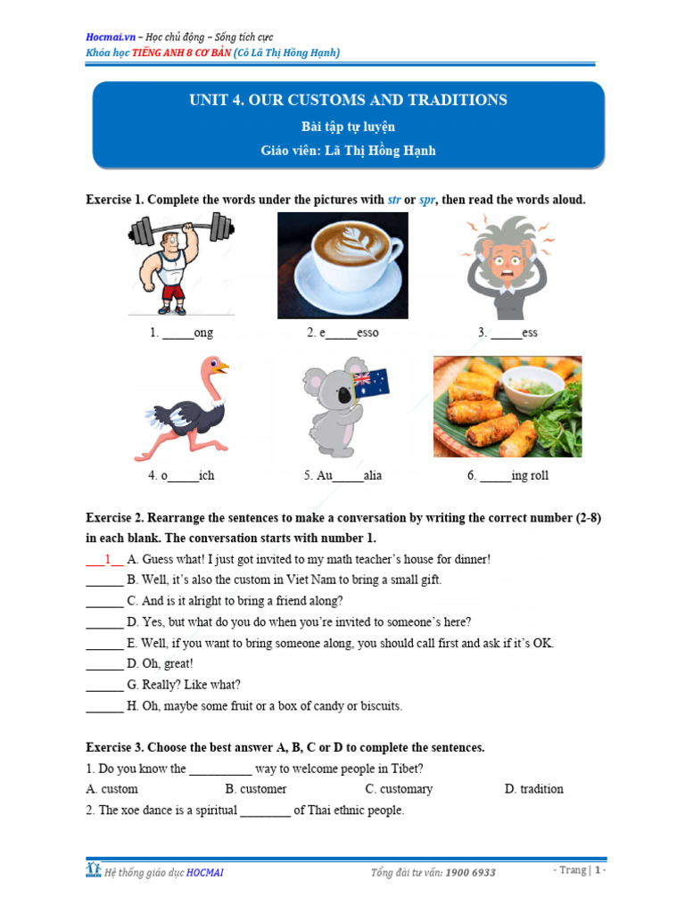 Bai_tap_Unit_4_Our_customs_and_traditions_Tieng_Anh_8 | PDF