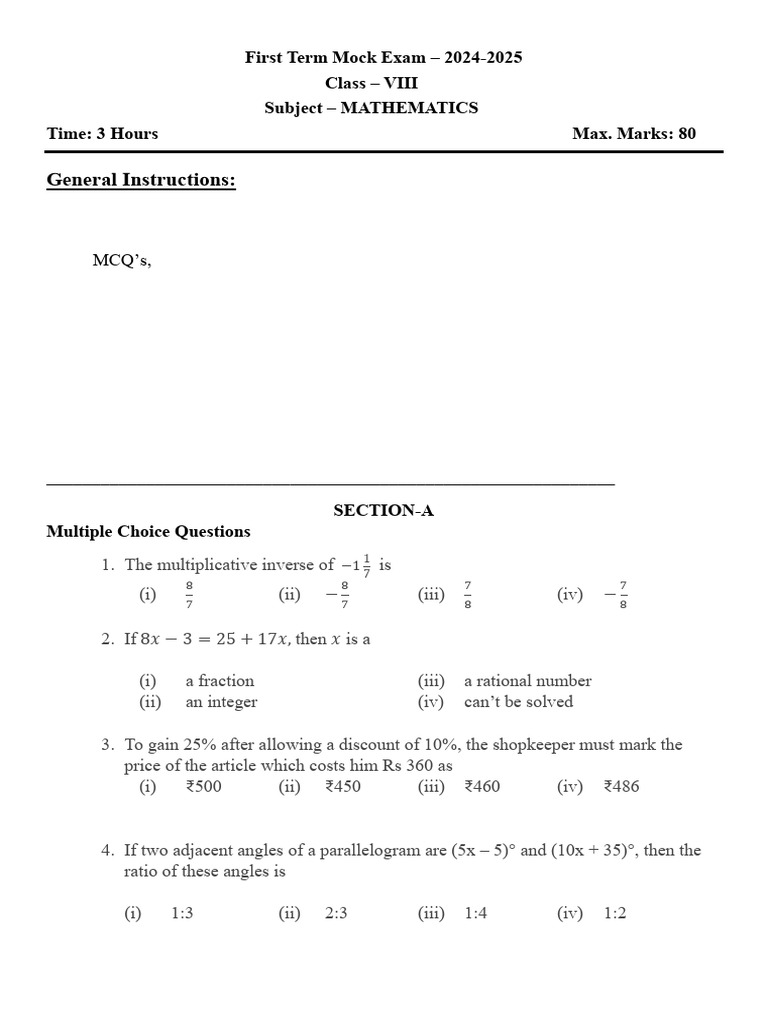 Math Mock Paper | PDF | Numbers | Angle