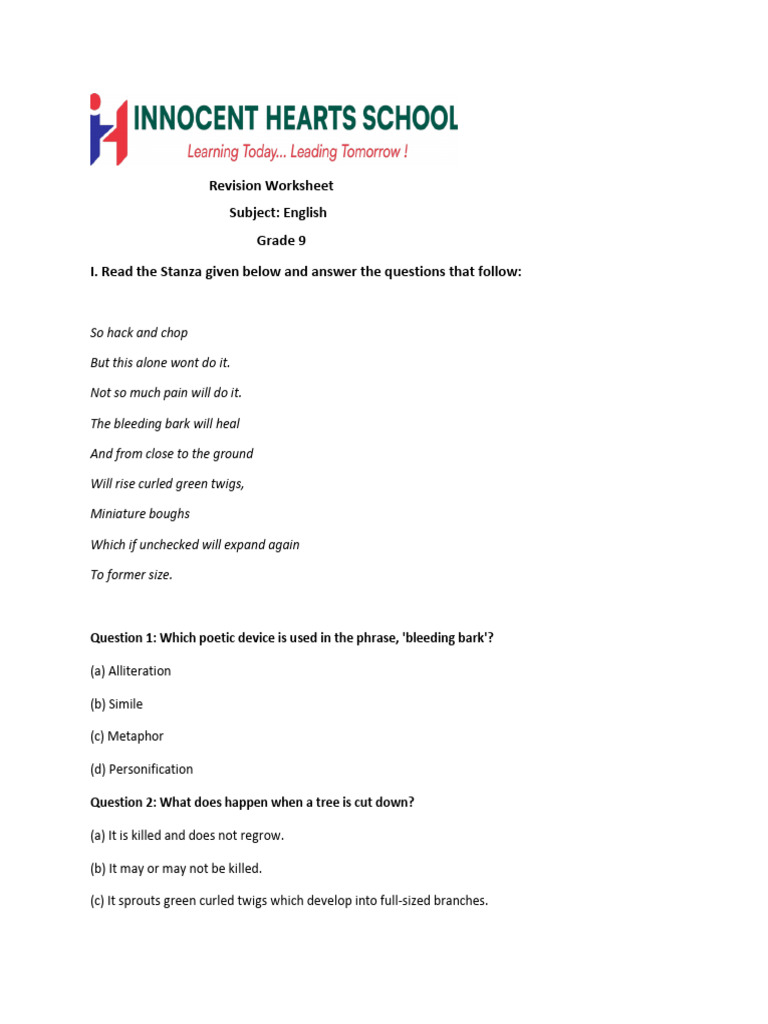 Revision Worksheet Grade 9 English | PDF