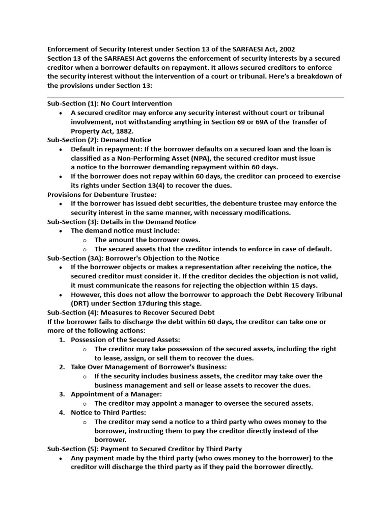 SARFAESI Act Section 13: Enforcement Guide | PDF | Security Interest ...