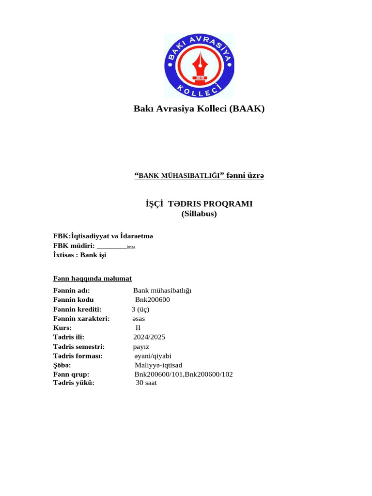 Sillabus Bank Mühasibatlığı | PDF